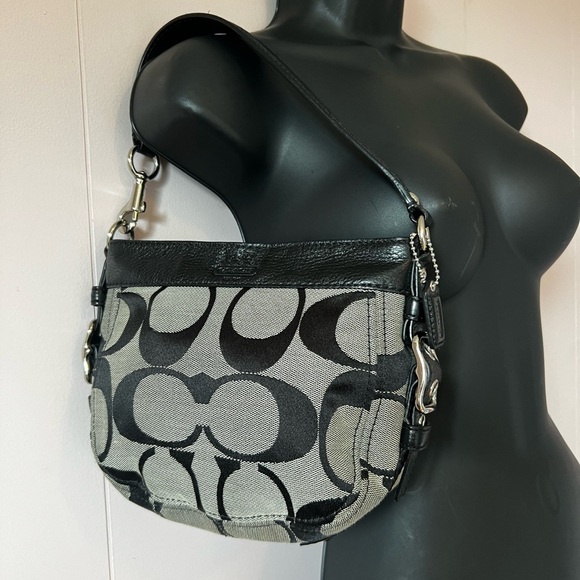 Coach | Bags | Coach Zoe F4856 Blackgray Signature Canvasleather 9 Bag Blue Satin Interior ...